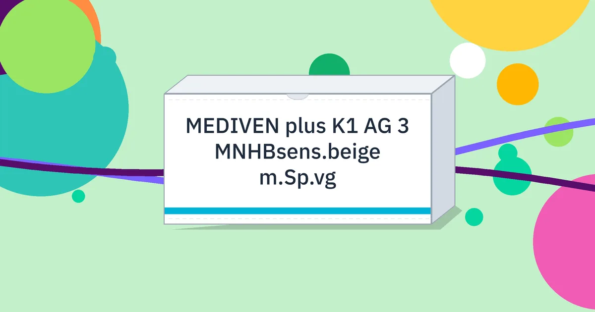 Symbolbild: Packung mit der Aufschrift MEDIVEN plus K1 AG 3 MNHBsens.beige m.Sp.vg (PZN 16072094) – Verfügbarkeit und Bezug in Apotheken in Frankfurt am Main