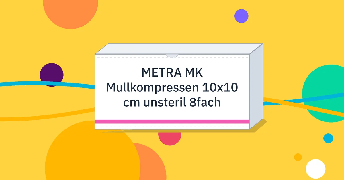 Symbolbild: Packung mit der Aufschrift METRA MK Mullkompressen 10x10 cm unsteril 8fach (PZN 07771427) – Verfügbarkeit und Bezug in Apotheken in Frankfurt am Main