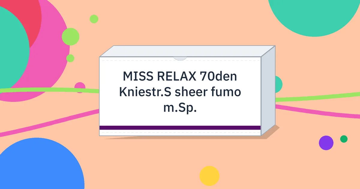 Symbolbild: Packung mit der Aufschrift MISS RELAX 70den Kniestr.S sheer fumo m.Sp. (PZN 04270274) – Verfügbarkeit und Bezug in Apotheken in Frankfurt am Main