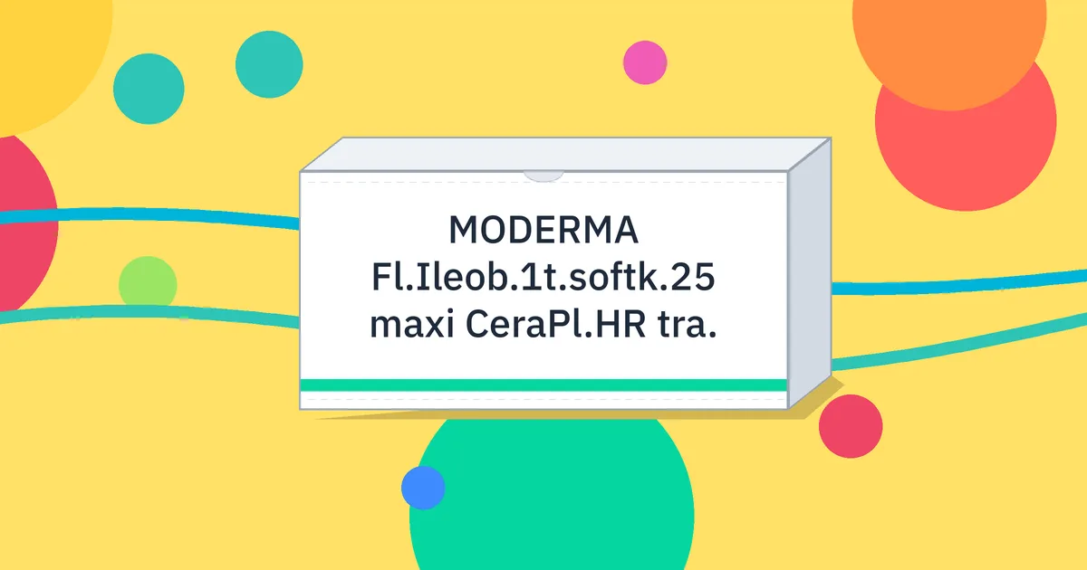Symbolbild: Packung mit der Aufschrift MODERMA Fl.Ileob.1t.softk.25 maxi CeraPl.HR tra. (PZN 18182450) – Verfügbarkeit und Bezug in Apotheken in Frankfurt am Main