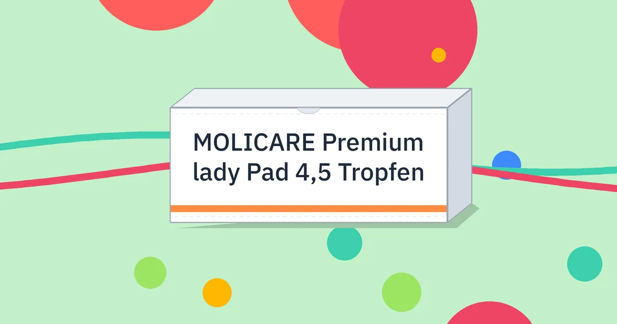 Symbolbild: Packung mit der Aufschrift MOLICARE Premium lady Pad 4,5 Tropfen (PZN 18659142) – Verfügbarkeit und Bezug in Apotheken in Frankfurt am Main