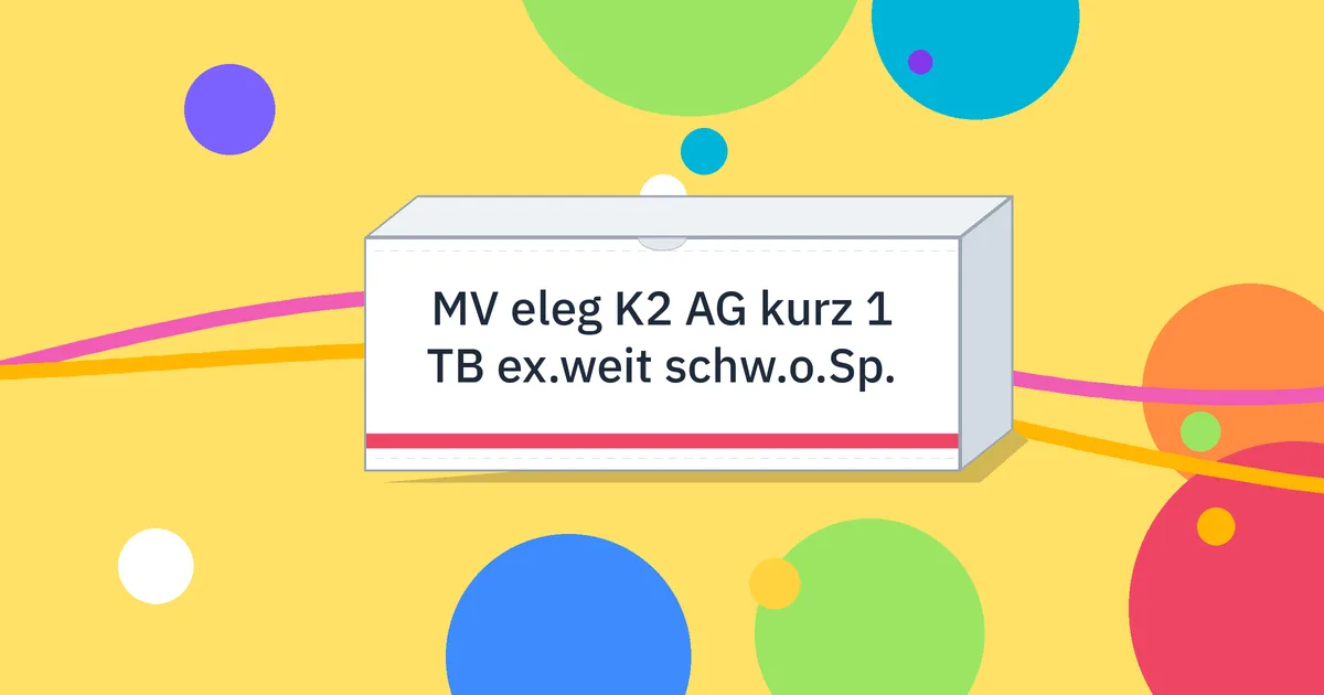 Symbolbild: Packung mit der Aufschrift MV eleg K2 AG kurz 1 TB ex.weit schw.o.Sp. (PZN 09880899) – Verfügbarkeit und Bezug in Apotheken in Frankfurt am Main