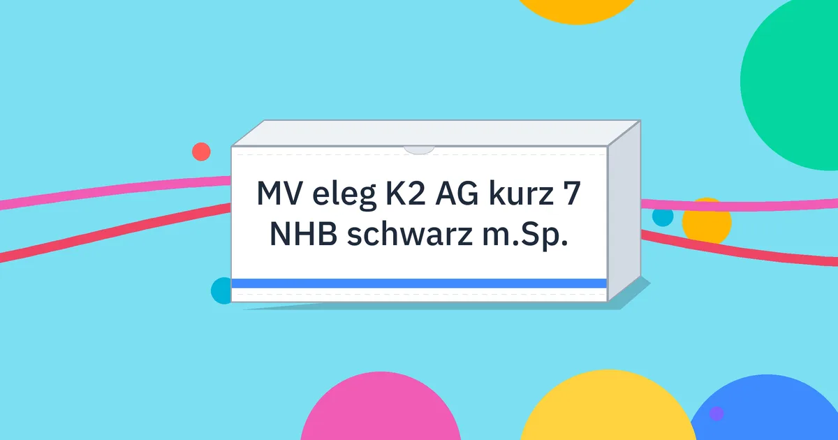 Symbolbild: Packung mit der Aufschrift MV eleg K2 AG kurz 7 NHB schwarz m.Sp. (PZN 15717413) – Verfügbarkeit und Bezug in Apotheken in Frankfurt am Main