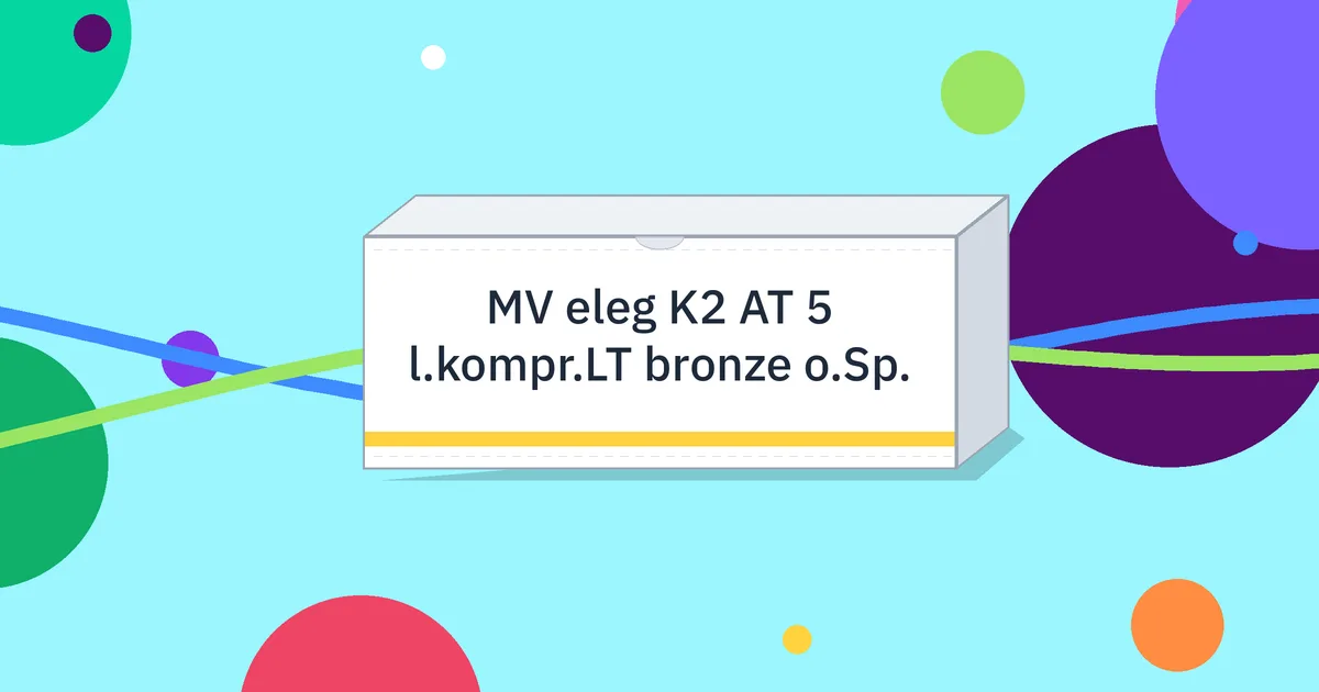Symbolbild: Packung mit der Aufschrift MV eleg K2 AT 5 l.kompr.LT bronze o.Sp. (PZN 15285215) – Verfügbarkeit und Bezug in Apotheken in Frankfurt am Main