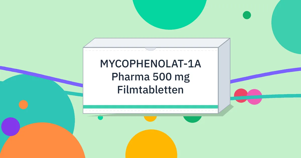 Symbolbild: Packung mit der Aufschrift MYCOPHENOLAT-1A Pharma 500 mg Filmtabletten (PZN 18175131) – Verfügbarkeit und Bezug in Apotheken in Frankfurt am Main
