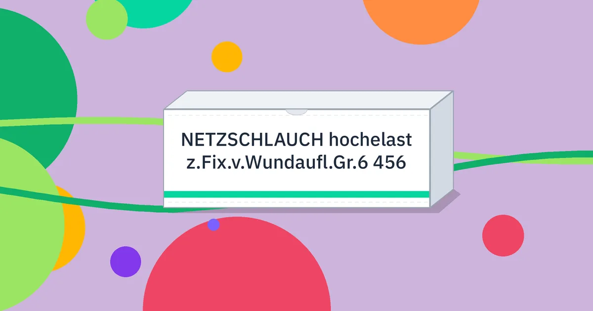 Symbolbild: Packung mit der Aufschrift NETZSCHLAUCH hochelast z.Fix.v.Wundaufl.Gr.6 456 (PZN 04303878) – Verfügbarkeit und Bezug in Apotheken in Frankfurt am Main