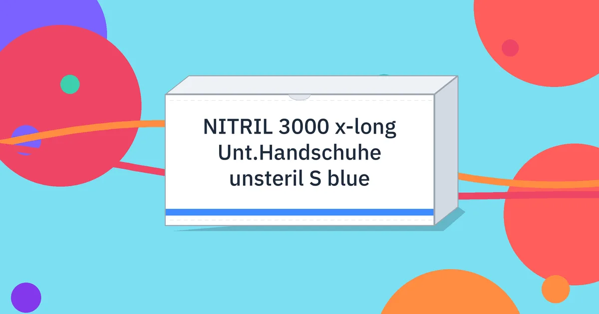 Symbolbild: Packung mit der Aufschrift NITRIL 3000 x-long Unt.Handschuhe unsteril S blue (PZN 00420825) – Verfügbarkeit und Bezug in Apotheken in Frankfurt am Main