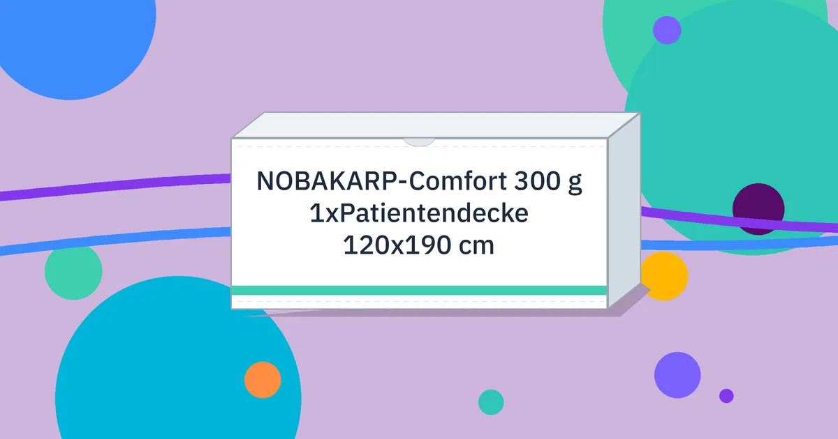 Symbolbild: Packung mit der Aufschrift NOBAKARP-Comfort 300 g 1xPatientendecke 120x190 cm (PZN 13878520) – Verfügbarkeit und Bezug in Apotheken in Frankfurt am Main