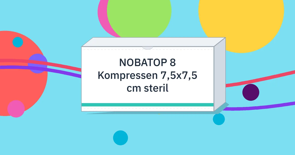 Symbolbild: Packung mit der Aufschrift NOBATOP 8 Kompressen 7,5x7,5 cm steril (PZN 10131921) – Verfügbarkeit und Bezug in Apotheken in Frankfurt am Main