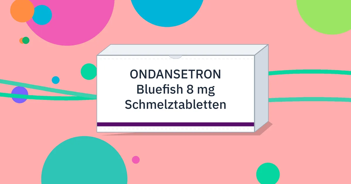 Symbolbild: Packung mit der Aufschrift ONDANSETRON Bluefish 8 mg Schmelztabletten (PZN 04704436) – Verfügbarkeit und Bezug in Apotheken in Frankfurt am Main