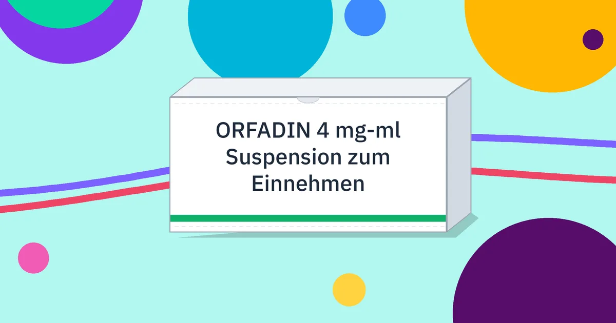 Symbolbild: Packung mit der Aufschrift ORFADIN 4 mg-ml Suspension zum Einnehmen (PZN 19748072) – Verfügbarkeit und Bezug in Apotheken in Frankfurt am Main