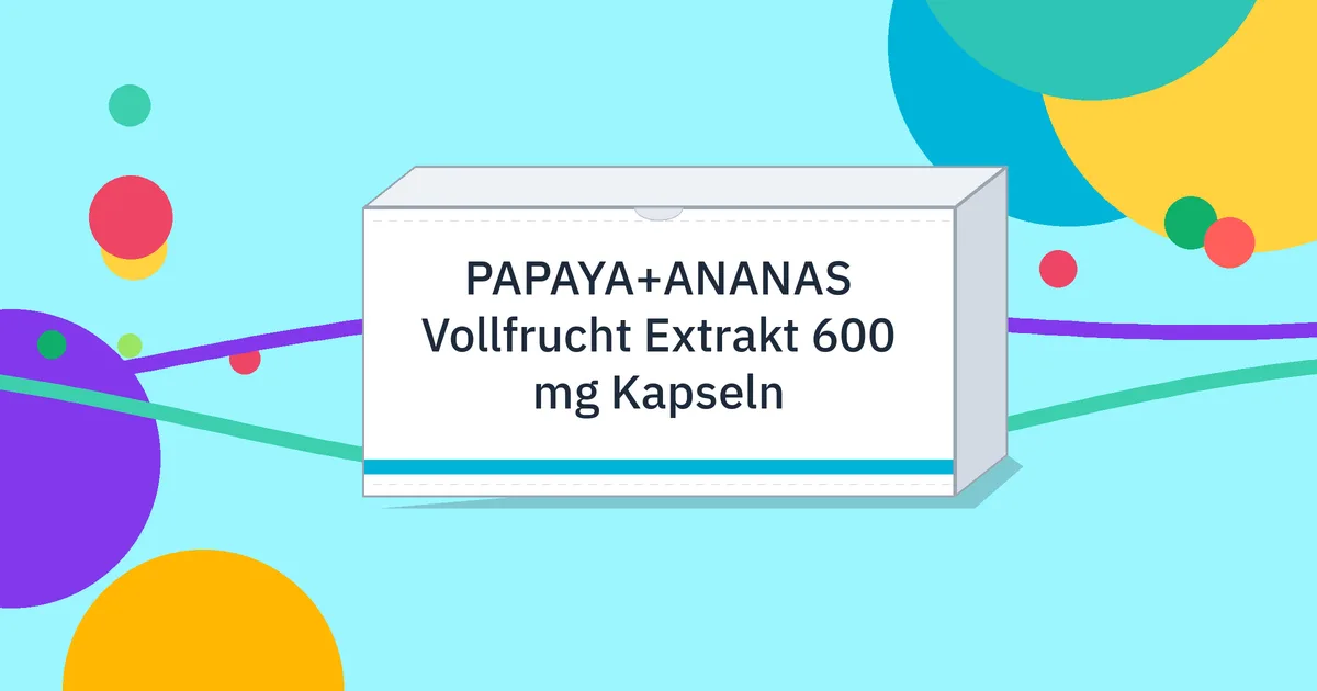 Symbolbild: Packung mit der Aufschrift PAPAYA+ANANAS Vollfrucht Extrakt 600 mg Kapseln (PZN 11048122) – Verfügbarkeit und Bezug in Apotheken in Frankfurt am Main