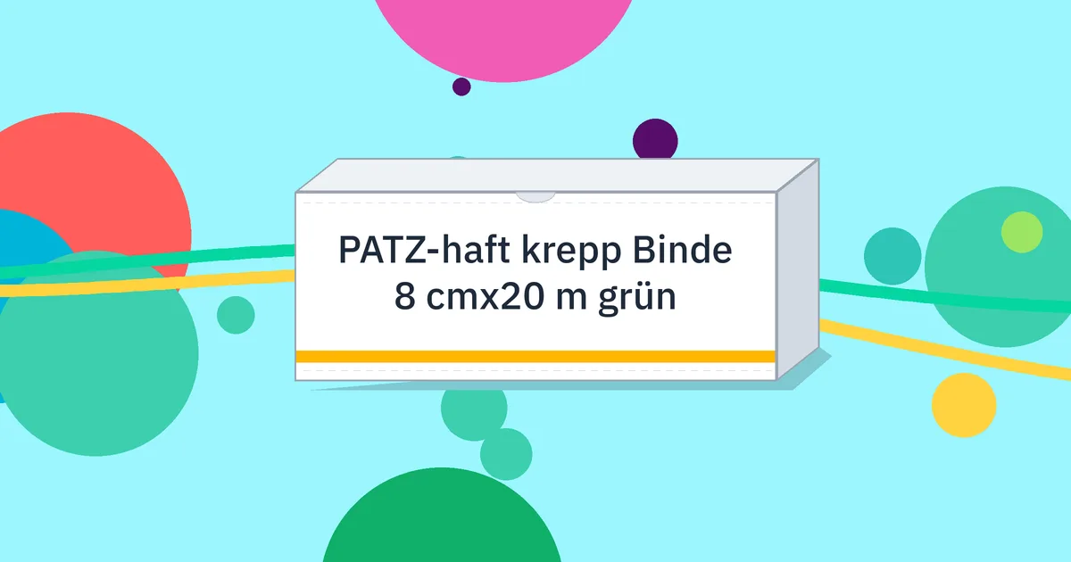 Symbolbild: Packung mit der Aufschrift PATZ-haft krepp Binde 8 cmx20 m grün (PZN 06814844) – Verfügbarkeit und Bezug in Apotheken in Frankfurt am Main