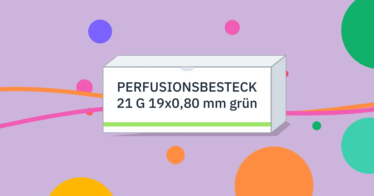 Symbolbild: Packung mit der Aufschrift PERFUSIONSBESTECK 21 G 19x0,80 mm grün (PZN 13846632) – Verfügbarkeit und Bezug in Apotheken in Frankfurt am Main