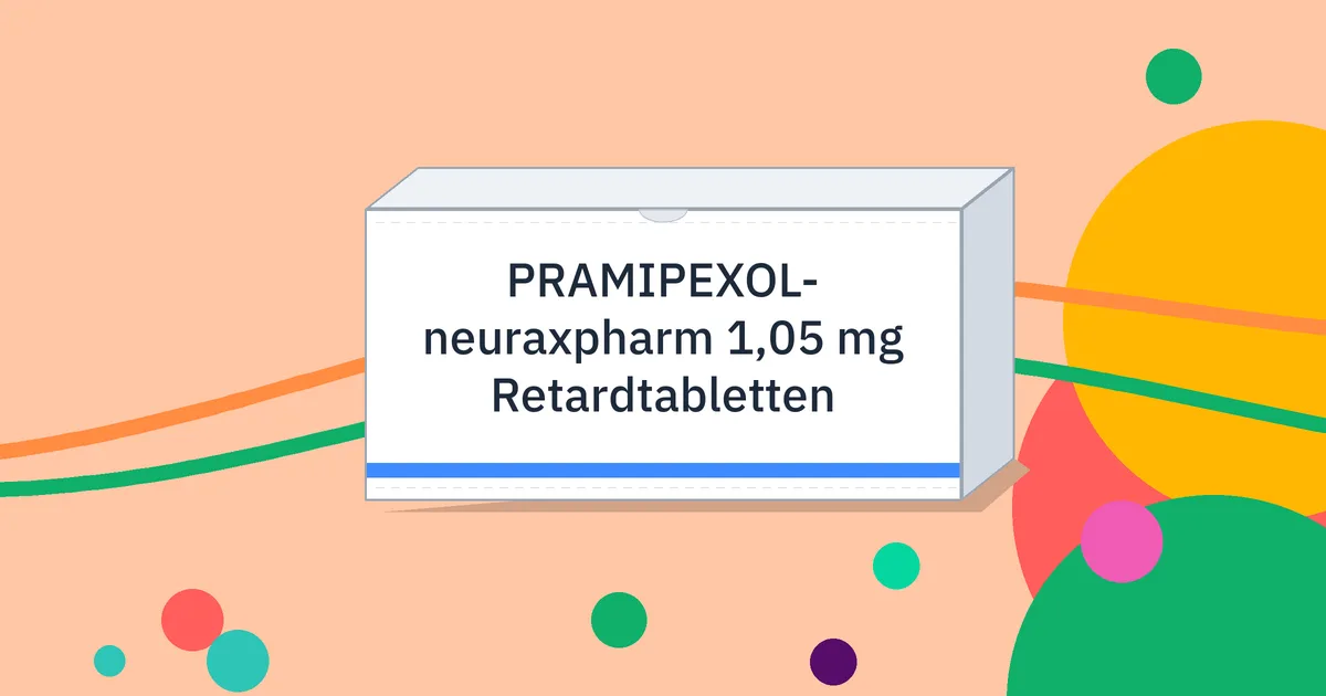 Symbolbild: Packung mit der Aufschrift PRAMIPEXOL-neuraxpharm 1,05 mg Retardtabletten (PZN 12419885) – Verfügbarkeit und Bezug in Apotheken in Frankfurt am Main