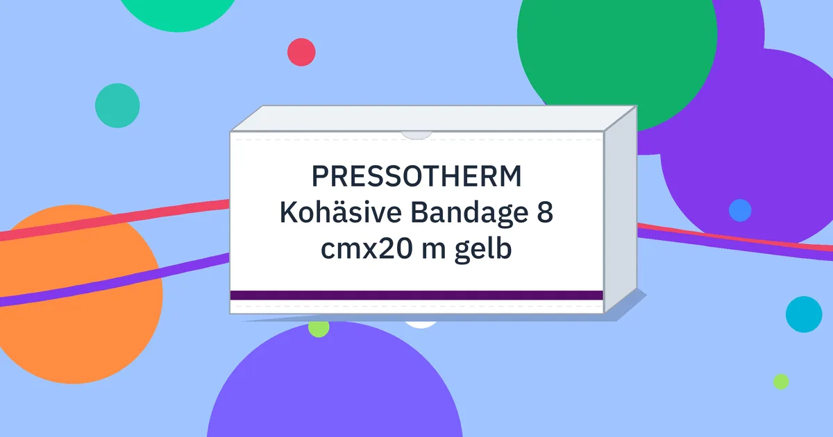 Symbolbild: Packung mit der Aufschrift PRESSOTHERM Kohäsive Bandage 8 cmx20 m gelb (PZN 18201199) – Verfügbarkeit und Bezug in Apotheken in Frankfurt am Main