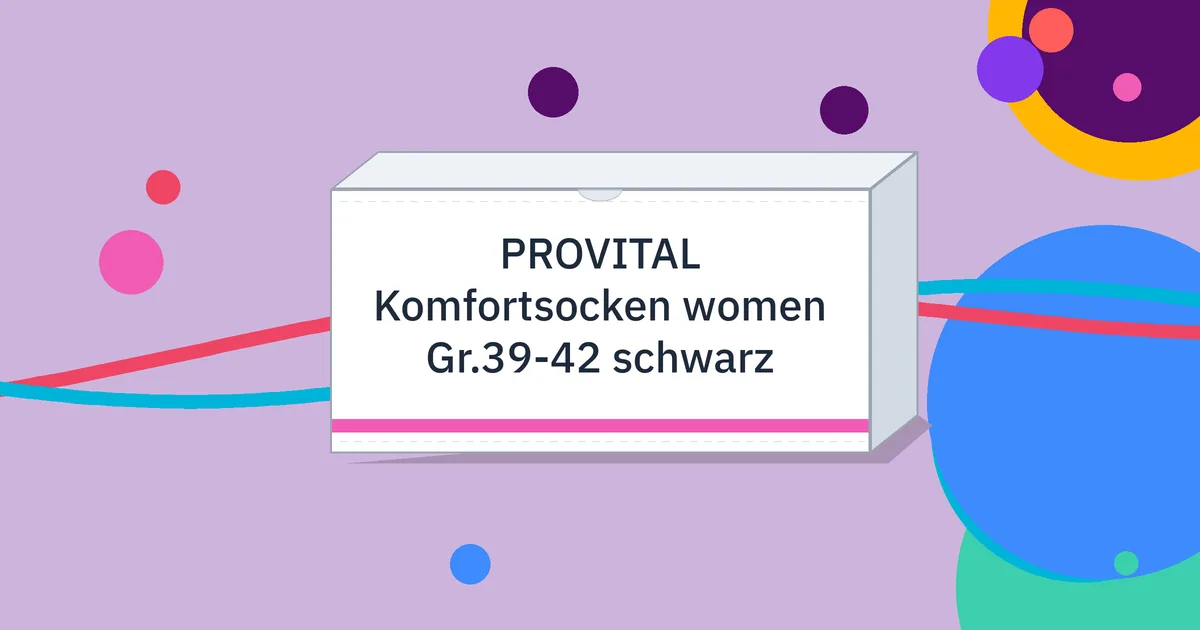 Symbolbild: Packung mit der Aufschrift PROVITAL Komfortsocken women Gr.39-42 schwarz (PZN 11080924) – Verfügbarkeit und Bezug in Apotheken in Frankfurt am Main
