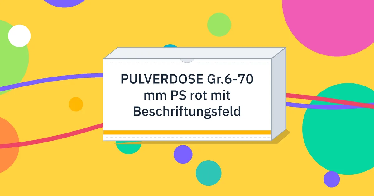 Symbolbild: Packung mit der Aufschrift PULVERDOSE Gr.6-70 mm PS rot mit Beschriftungsfeld (PZN 18222528) – Verfügbarkeit und Bezug in Apotheken in Frankfurt am Main