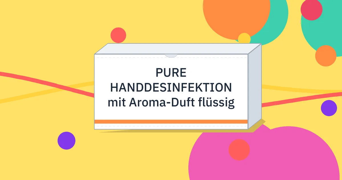 Symbolbild: Packung mit der Aufschrift PURE HANDDESINFEKTION mit Aroma-Duft flüssig (PZN 18708892) – Verfügbarkeit und Bezug in Apotheken in Frankfurt am Main