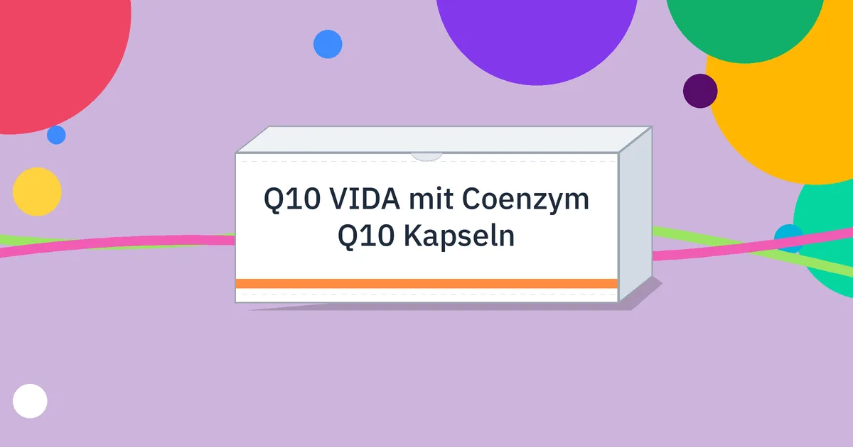 Symbolbild: Packung mit der Aufschrift Q10 VIDA mit Coenzym Q10 Kapseln (PZN 13913860) – Verfügbarkeit und Bezug in Apotheken in Frankfurt am Main