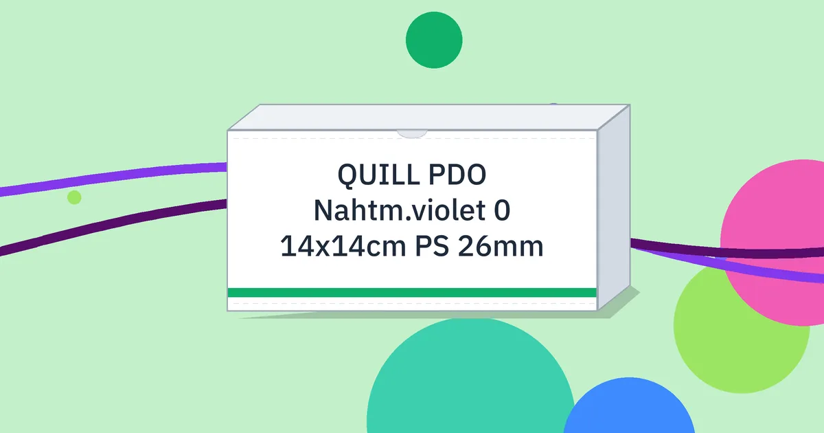 Symbolbild: Packung mit der Aufschrift QUILL PDO Nahtm.violet 0 14x14cm PS 26mm (PZN 17989423) – Verfügbarkeit und Bezug in Apotheken in Frankfurt am Main