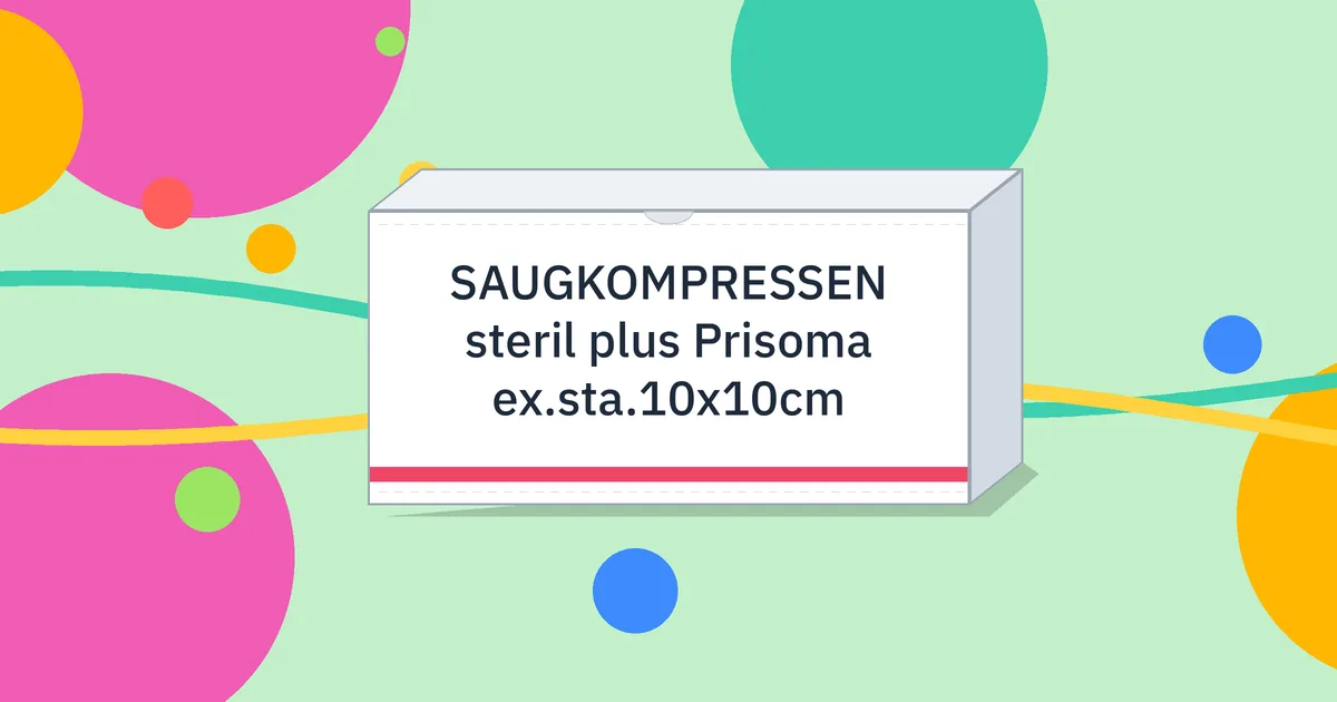 Symbolbild: Packung mit der Aufschrift SAUGKOMPRESSEN steril plus Prisoma ex.sta.10x10cm (PZN 18717276) – Verfügbarkeit und Bezug in Apotheken in Frankfurt am Main