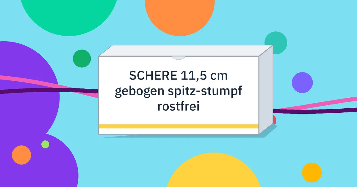 Symbolbild: Packung mit der Aufschrift SCHERE 11,5 cm gebogen spitz-stumpf rostfrei (PZN 06804969) – Verfügbarkeit und Bezug in Apotheken in Frankfurt am Main