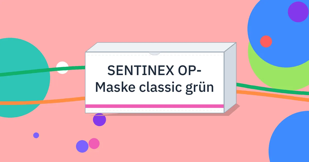 Symbolbild: Packung mit der Aufschrift SENTINEX OP-Maske classic grün (PZN 01641511) – Verfügbarkeit und Bezug in Apotheken in Frankfurt am Main