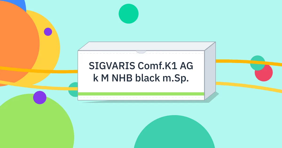 Symbolbild: Packung mit der Aufschrift SIGVARIS Comf.K1 AG k M NHB black m.Sp. (PZN 17100013) – Verfügbarkeit und Bezug in Apotheken in Frankfurt am Main