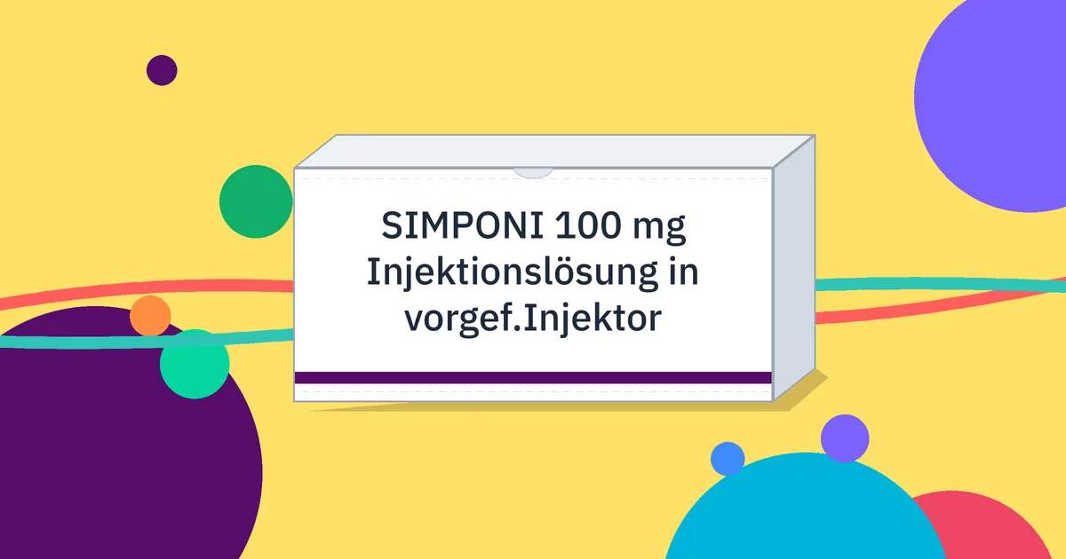 Symbolbild: Packung mit der Aufschrift SIMPONI 100 mg Injektionslösung in vorgef.Injektor (PZN 14264501) – Verfügbarkeit und Bezug in Apotheken in Frankfurt am Main