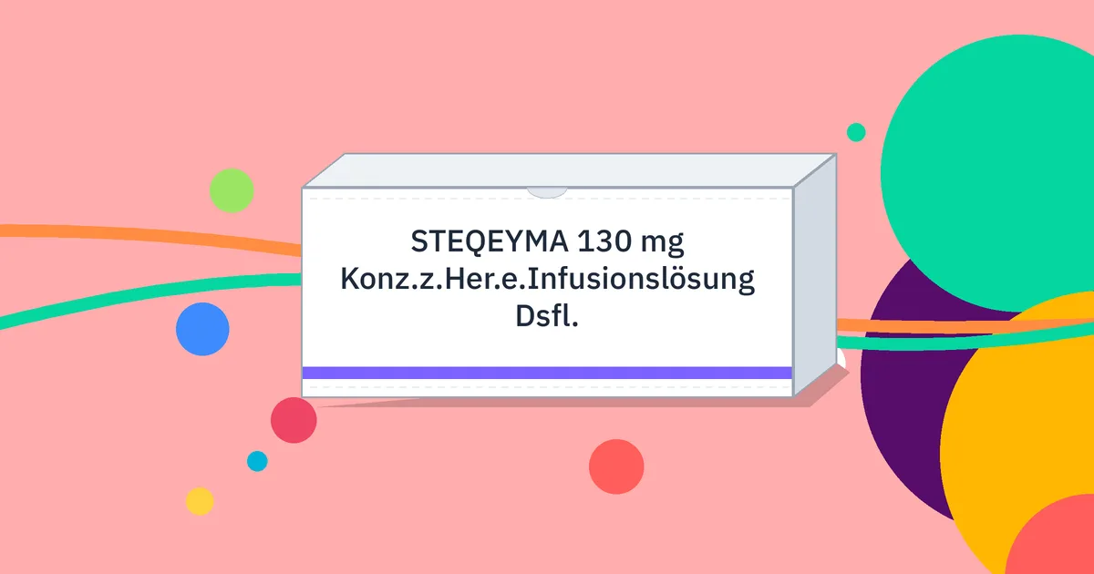 Symbolbild: Packung mit der Aufschrift STEQEYMA 130 mg Konz.z.Her.e.Infusionslösung Dsfl. (PZN 20197128) – Verfügbarkeit und Bezug in Apotheken in Frankfurt am Main