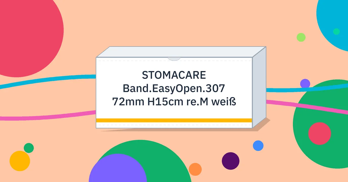 Symbolbild: Packung mit der Aufschrift STOMACARE Band.EasyOpen.307 72mm H15cm re.M weiß (PZN 07665441) – Verfügbarkeit und Bezug in Apotheken in Frankfurt am Main