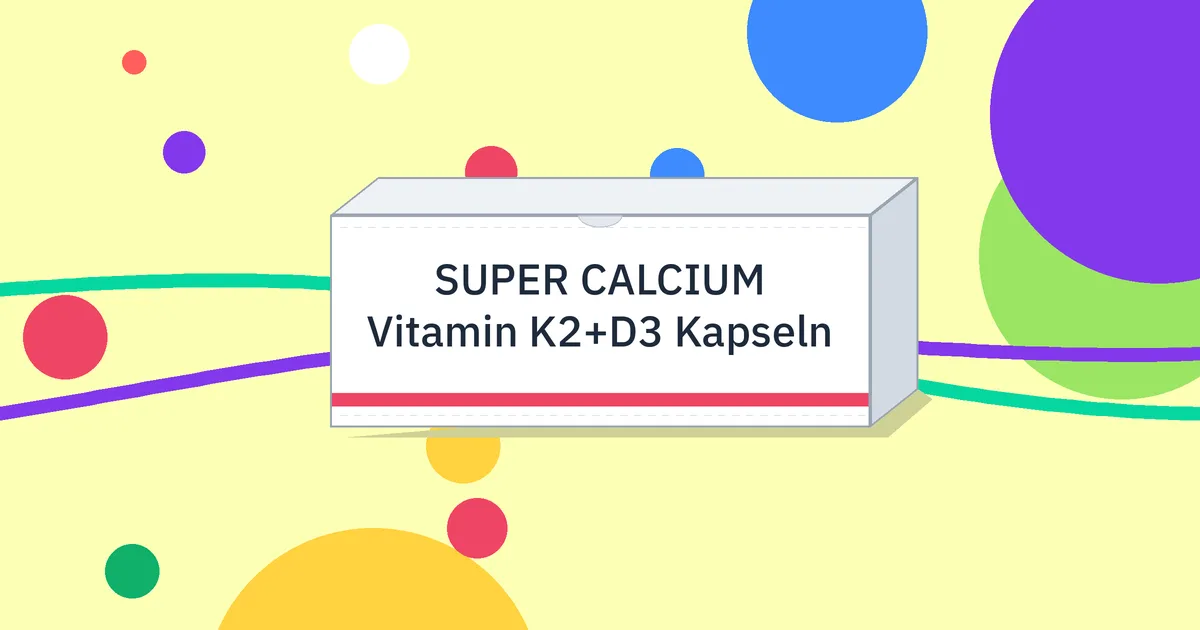 Symbolbild: Packung mit der Aufschrift SUPER CALCIUM Vitamin K2+D3 Kapseln (PZN 18667756) – Verfügbarkeit und Bezug in Apotheken in Frankfurt am Main
