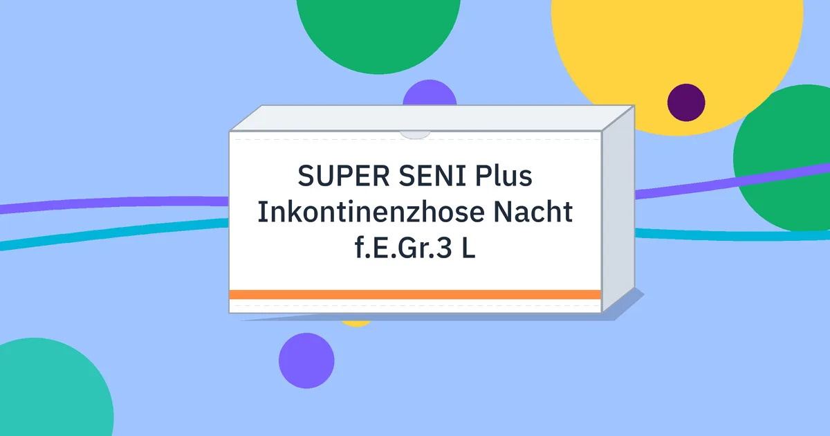Symbolbild: Packung mit der Aufschrift SUPER SENI Plus Inkontinenzhose Nacht f.E.Gr.3 L (PZN 12664509) – Verfügbarkeit und Bezug in Apotheken in Frankfurt am Main