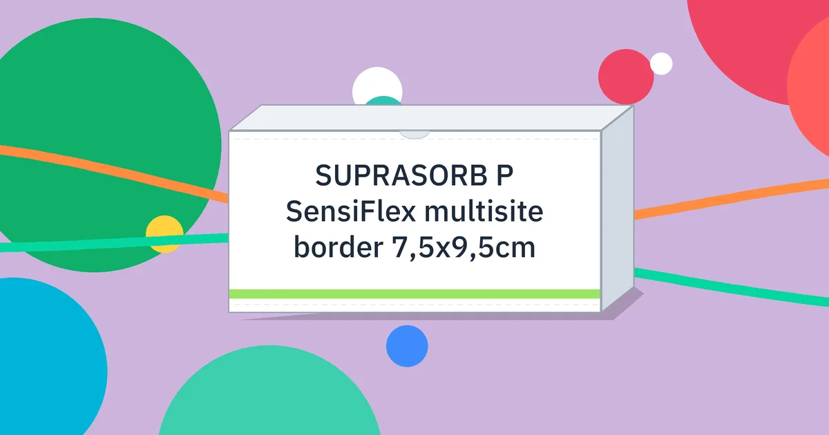 Symbolbild: Packung mit der Aufschrift SUPRASORB P SensiFlex multisite border 7,5x9,5cm (PZN 20087836) – Verfügbarkeit und Bezug in Apotheken in Frankfurt am Main