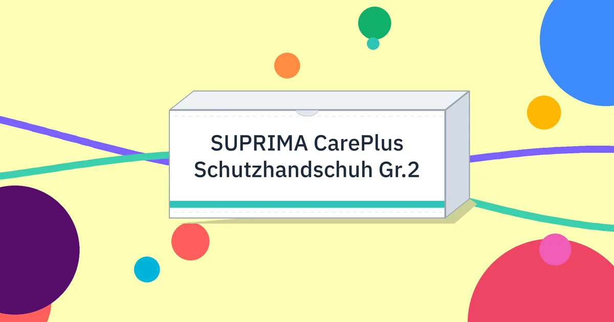 Symbolbild: Packung mit der Aufschrift SUPRIMA CarePlus Schutzhandschuh Gr.2 (PZN 08498382) – Verfügbarkeit und Bezug in Apotheken in Frankfurt am Main