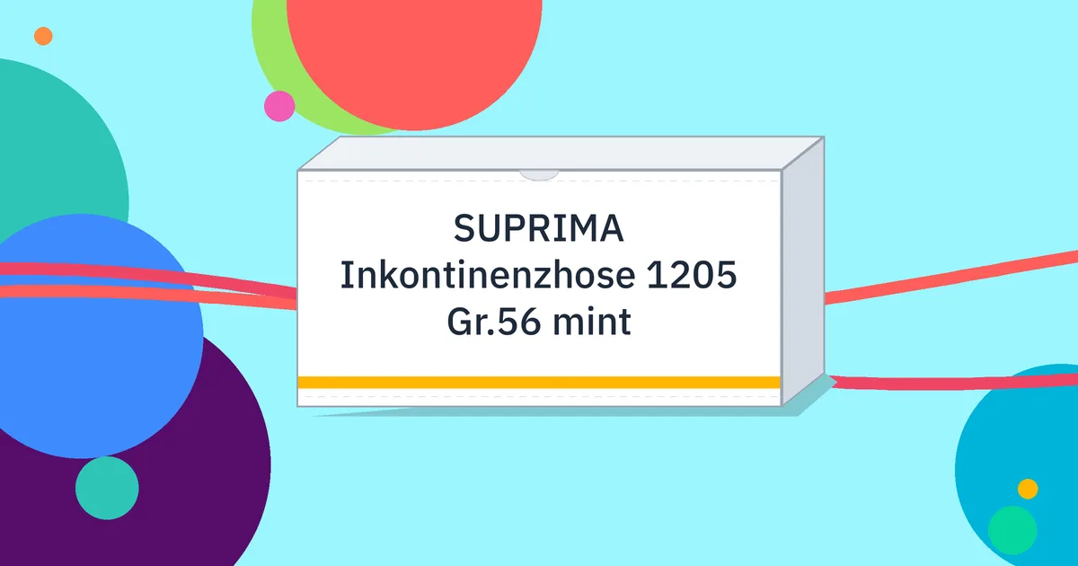 Symbolbild: Packung mit der Aufschrift SUPRIMA Inkontinenzhose 1205 Gr.56 mint (PZN 07631583) – Verfügbarkeit und Bezug in Apotheken in Frankfurt am Main