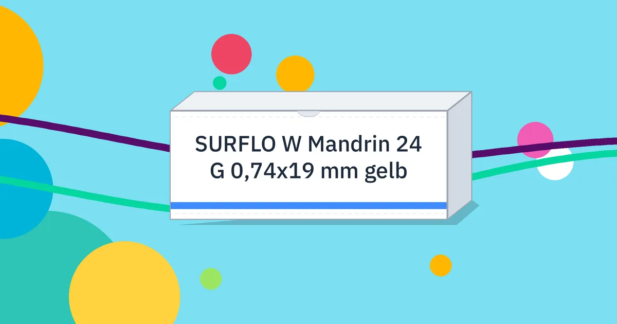 Symbolbild: Packung mit der Aufschrift SURFLO W Mandrin 24 G 0,74x19 mm gelb (PZN 15590438) – Verfügbarkeit und Bezug in Apotheken in Frankfurt am Main