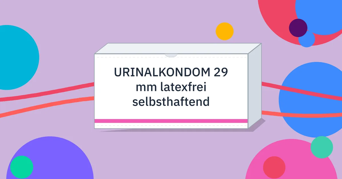 Symbolbild: Packung mit der Aufschrift URINALKONDOM 29 mm latexfrei selbsthaftend (PZN 07048079) – Verfügbarkeit und Bezug in Apotheken in Frankfurt am Main