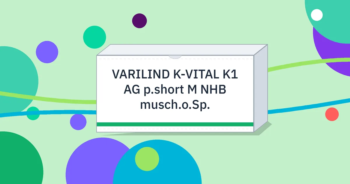Symbolbild: Packung mit der Aufschrift VARILIND K-VITAL K1 AG p.short M NHB musch.o.Sp. (PZN 20564118) – Verfügbarkeit und Bezug in Apotheken in Frankfurt am Main