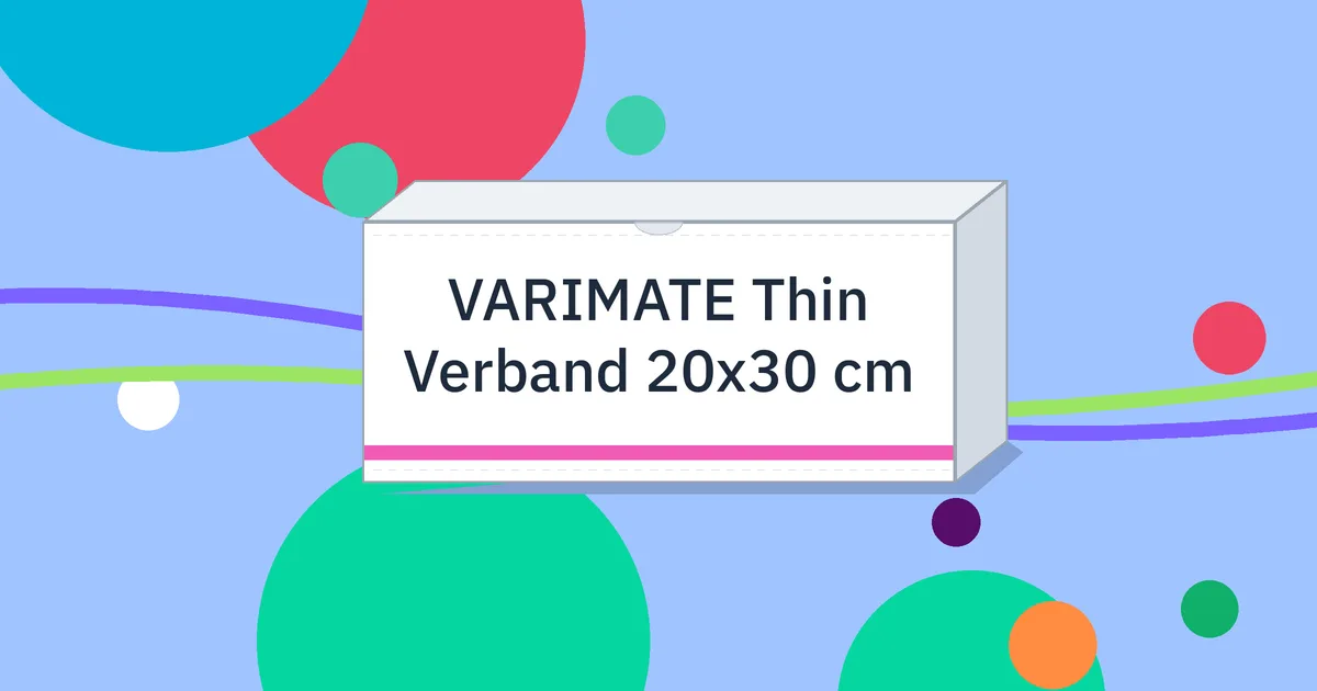 Symbolbild: Packung mit der Aufschrift VARIMATE Thin Verband 20x30 cm (PZN 02788647) – Verfügbarkeit und Bezug in Apotheken in Frankfurt am Main
