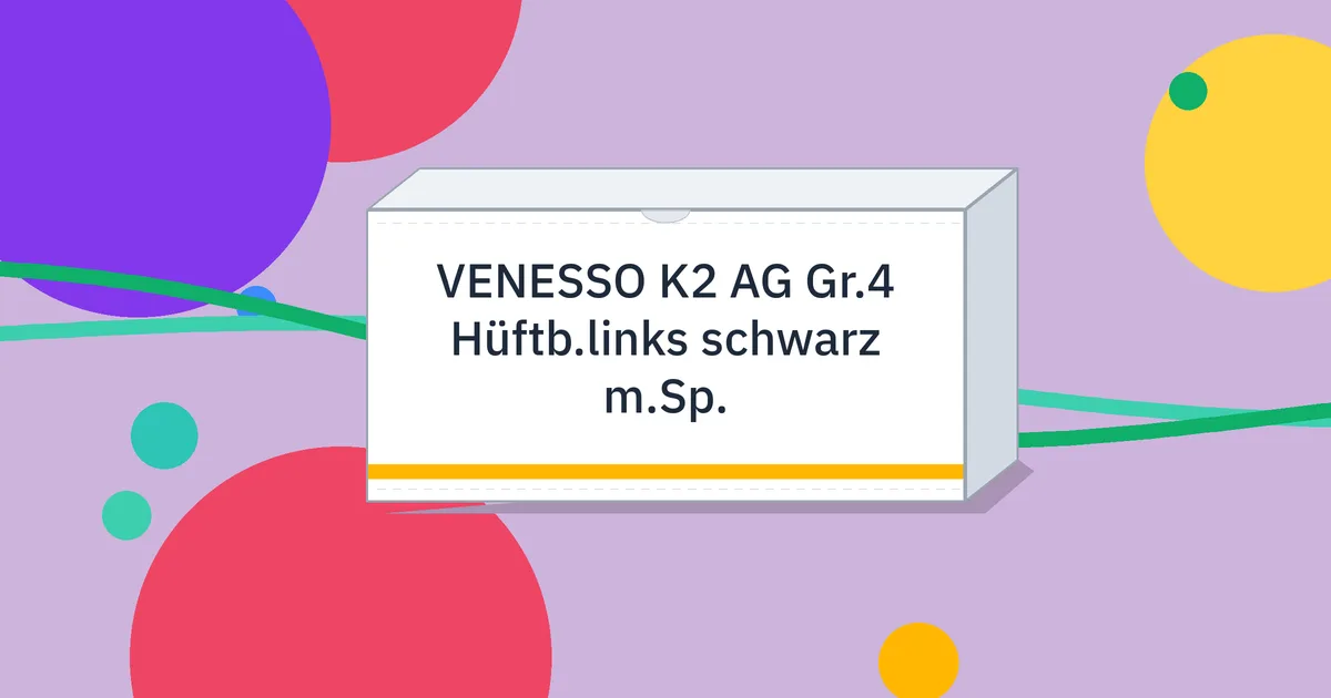Symbolbild: Packung mit der Aufschrift VENESSO K2 AG Gr.4 Hüftb.links schwarz m.Sp. (PZN 03267577) – Verfügbarkeit und Bezug in Apotheken in Frankfurt am Main