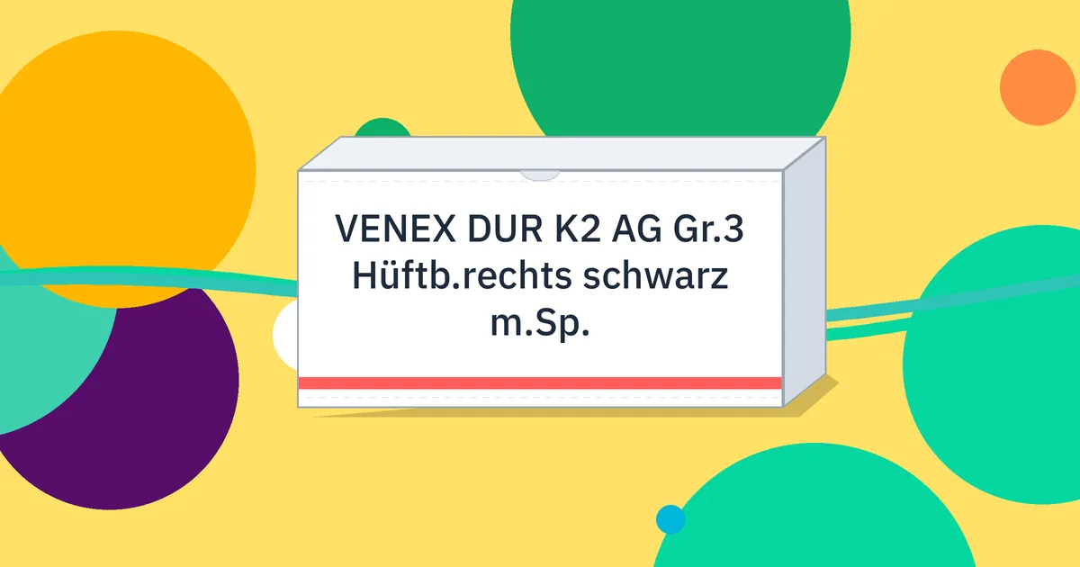 Symbolbild: Packung mit der Aufschrift VENEX DUR K2 AG Gr.3 Hüftb.rechts schwarz m.Sp. (PZN 03229246) – Verfügbarkeit und Bezug in Apotheken in Frankfurt am Main