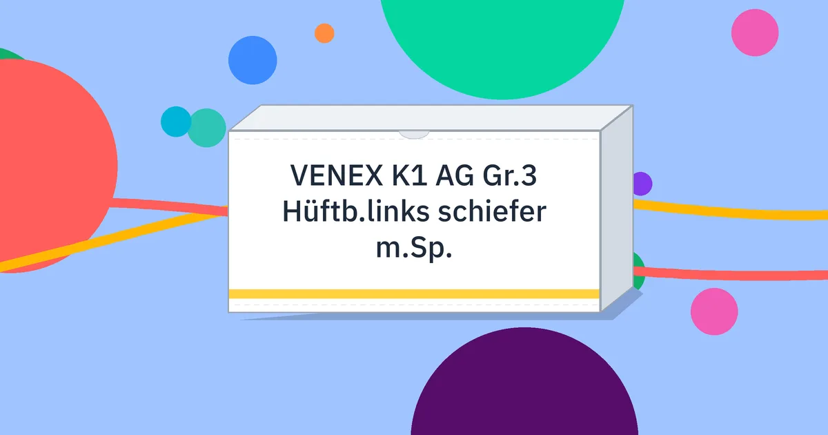 Symbolbild: Packung mit der Aufschrift VENEX K1 AG Gr.3 Hüftb.links schiefer m.Sp. (PZN 03200656) – Verfügbarkeit und Bezug in Apotheken in Frankfurt am Main