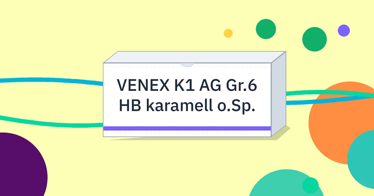 Symbolbild: Packung mit der Aufschrift VENEX K1 AG Gr.6 HB karamell o.Sp. (PZN 13757667) – Verfügbarkeit und Bezug in Apotheken in Frankfurt am Main