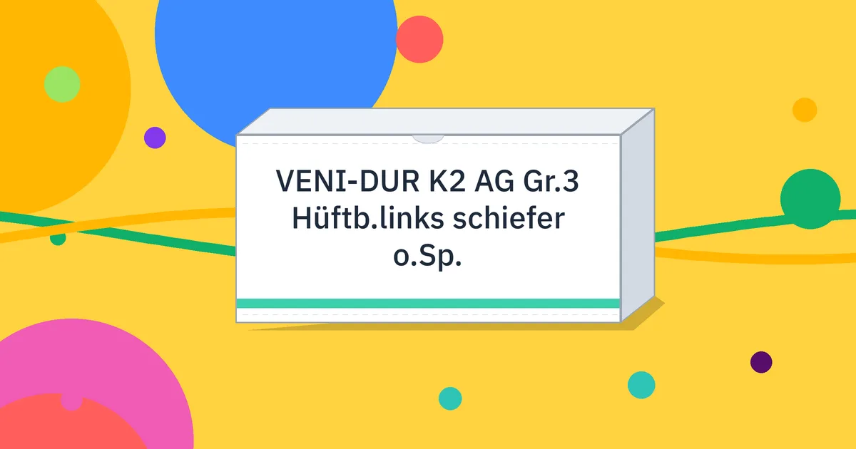 Symbolbild: Packung mit der Aufschrift VENI-DUR K2 AG Gr.3 Hüftb.links schiefer o.Sp. (PZN 03253931) – Verfügbarkeit und Bezug in Apotheken in Frankfurt am Main