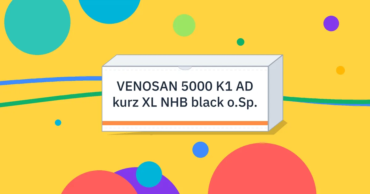 Symbolbild: Packung mit der Aufschrift VENOSAN 5000 K1 AD kurz XL NHB black o.Sp. (PZN 14432708) – Verfügbarkeit und Bezug in Apotheken in Frankfurt am Main