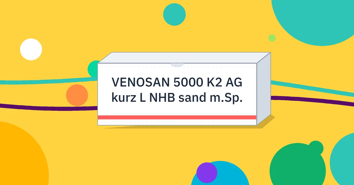Symbolbild: Packung mit der Aufschrift VENOSAN 5000 K2 AG kurz L NHB sand m.Sp. (PZN 14429020) – Verfügbarkeit und Bezug in Apotheken in Frankfurt am Main