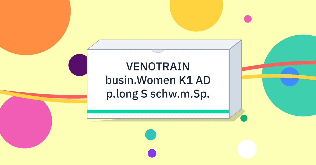 Symbolbild: Packung mit der Aufschrift VENOTRAIN busin.Women K1 AD p.long S schw.m.Sp. (PZN 10195482) – Verfügbarkeit und Bezug in Apotheken in Frankfurt am Main
