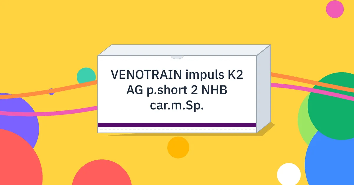 Symbolbild: Packung mit der Aufschrift VENOTRAIN impuls K2 AG p.short 2 NHB car.m.Sp. (PZN 00505697) – Verfügbarkeit und Bezug in Apotheken in Frankfurt am Main
